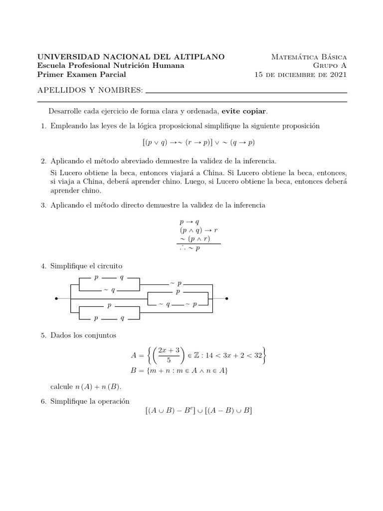 Examen Parcial de Matemática Básica | PDF | Sintaxis (Lógica) | Lógica