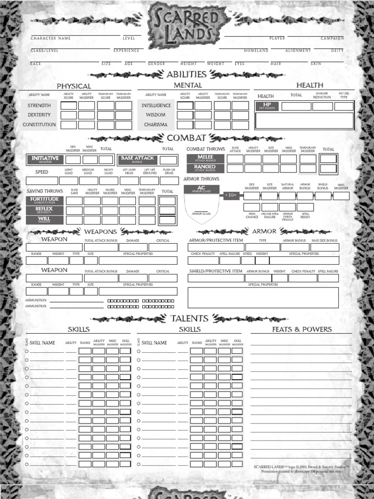 Scarred Lands - Character Sheet | PDF | Tabletop Games | Entertainment