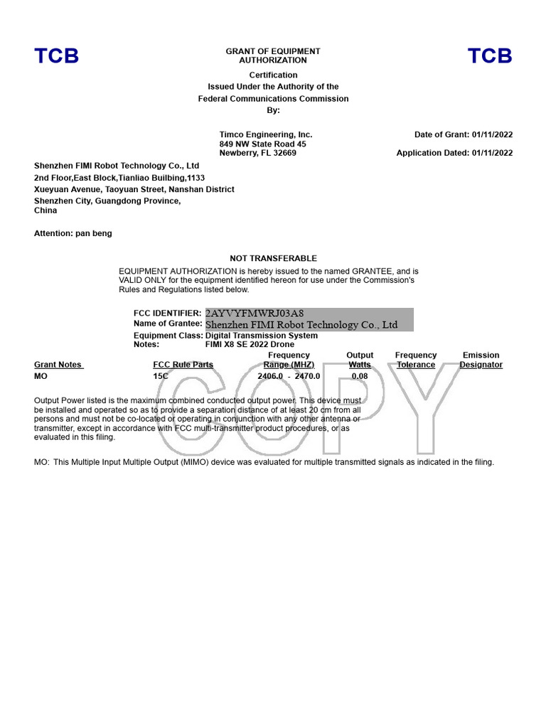 FCC Equipment Authorization for FIMI Drone | PDF | Mimo | Federal ...