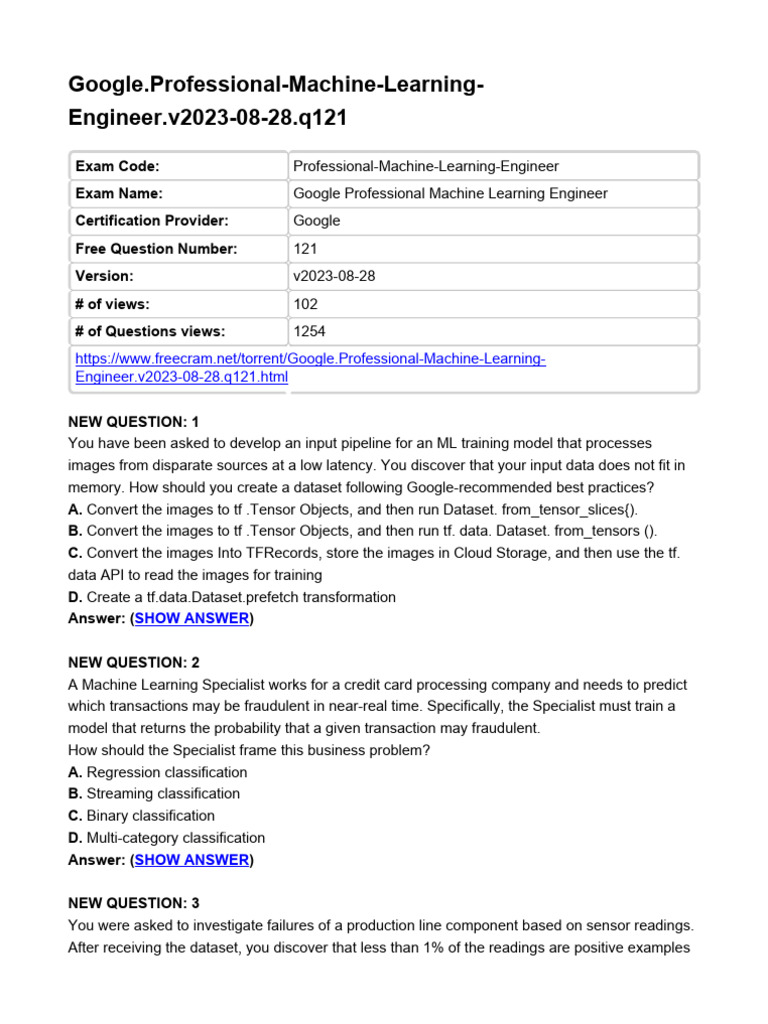 Google Professional ML Engineer Exam Q121 | PDF | Machine Learning ...
