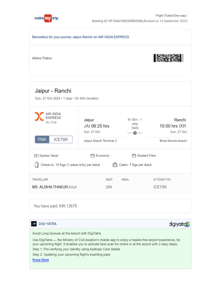 Flight Booking Confirmation for Alisha Thakur | PDF | Aviation