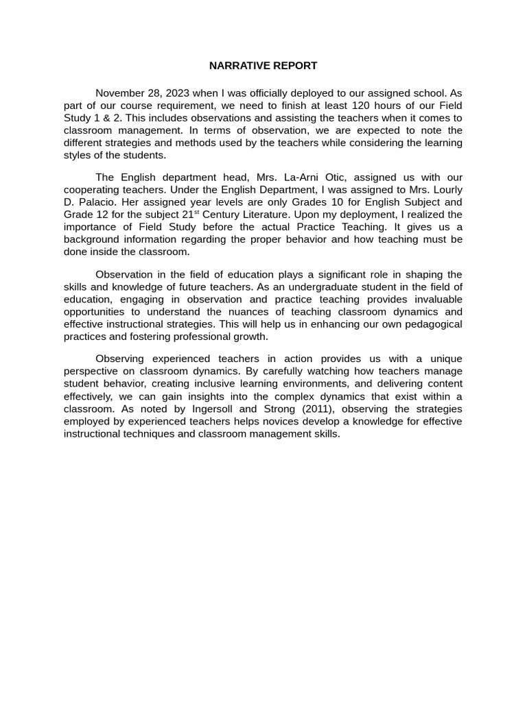 Field Study Narrative Report | PDF