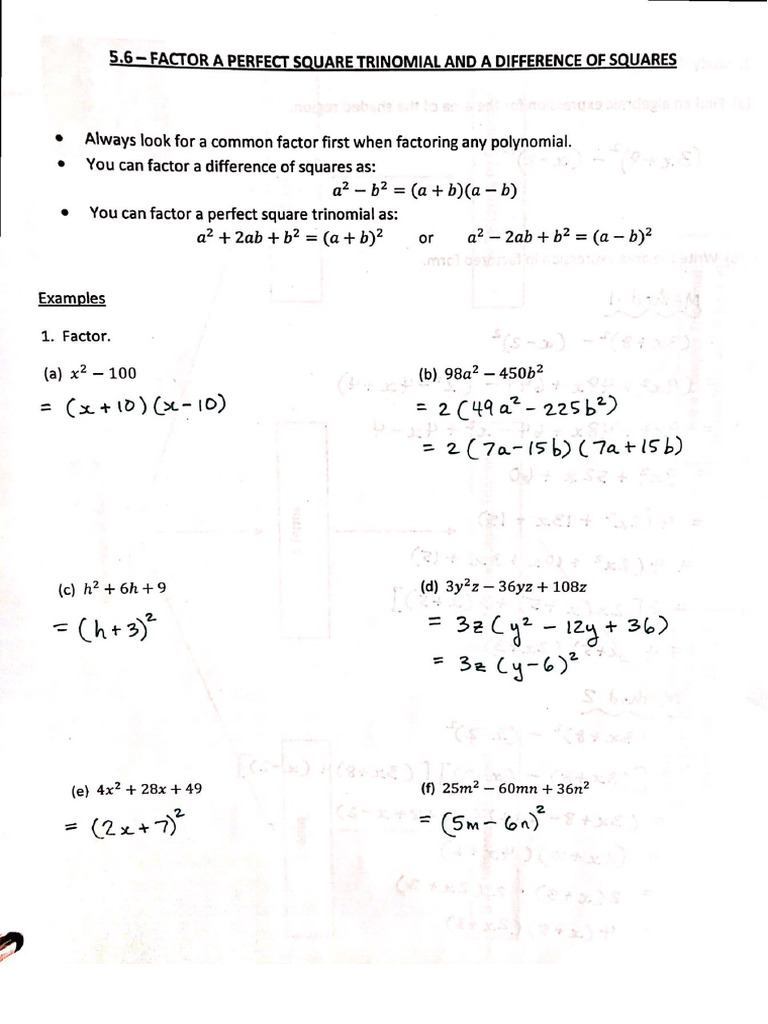 Factoring A Perfect Square Trinomial and - 20190411113419 | PDF
