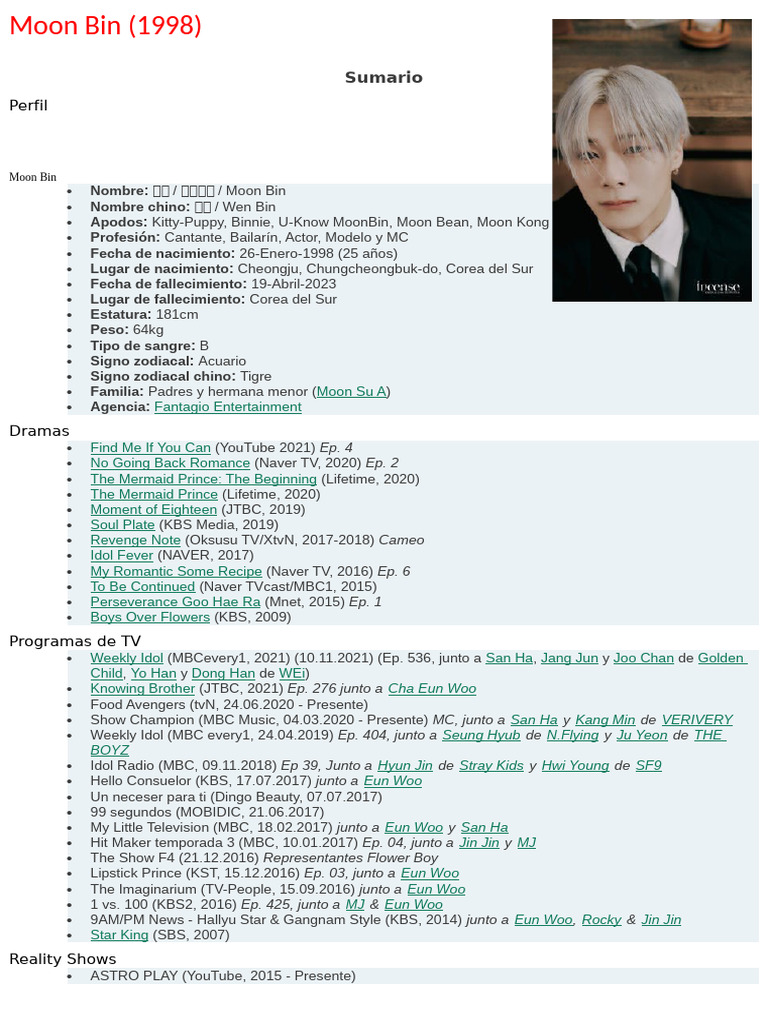 Perfil de Moon Bin: Vida y Carrera | PDF