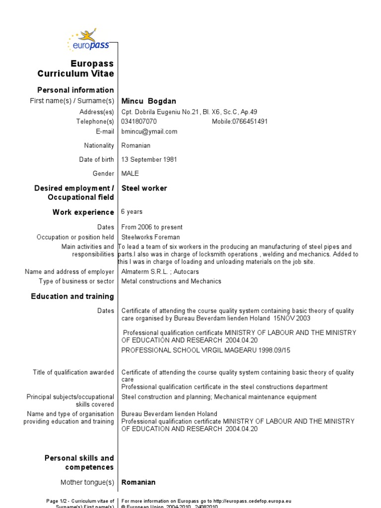 Europass Curriculum Vitae: Personal Information Mincu Bogdan | PDF ...