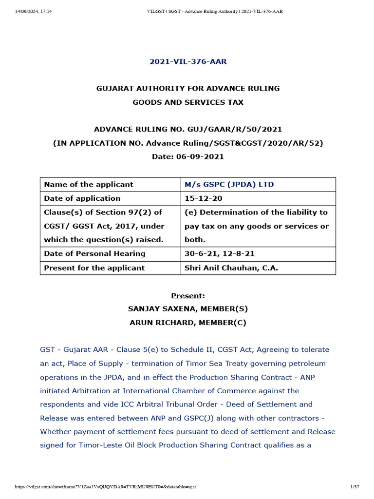 VILGST - SGST - Advance Ruling Authority - 2021-VIL-376-AAR | PDF | Taxes