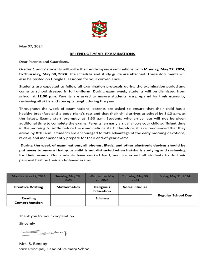 End-of-Year Examinations - Grades 1 & 2 | PDF