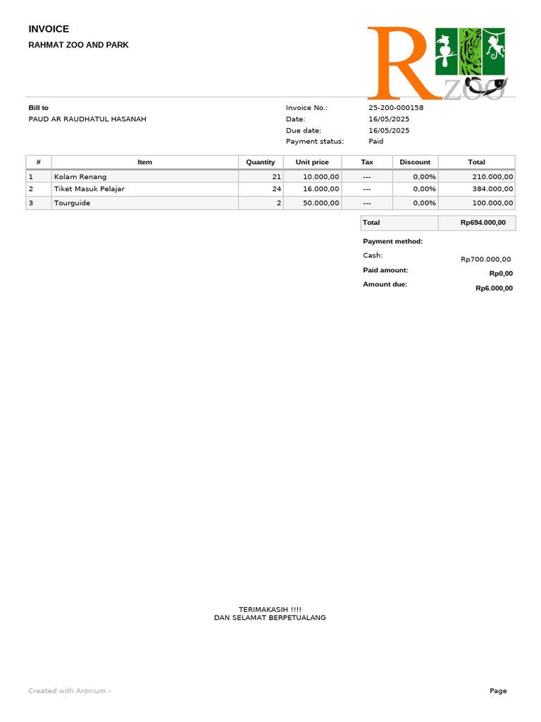 Invoice: Rahmat Zoo and Park | PDF