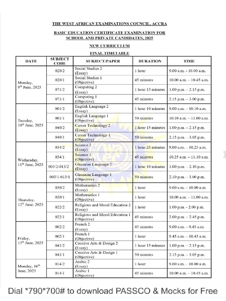 BECE 2025 Timetable | PDF