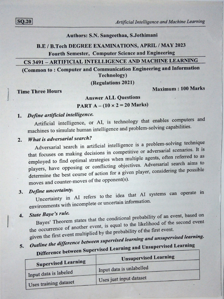 AI&ML Previous Year Questions Papers | PDF