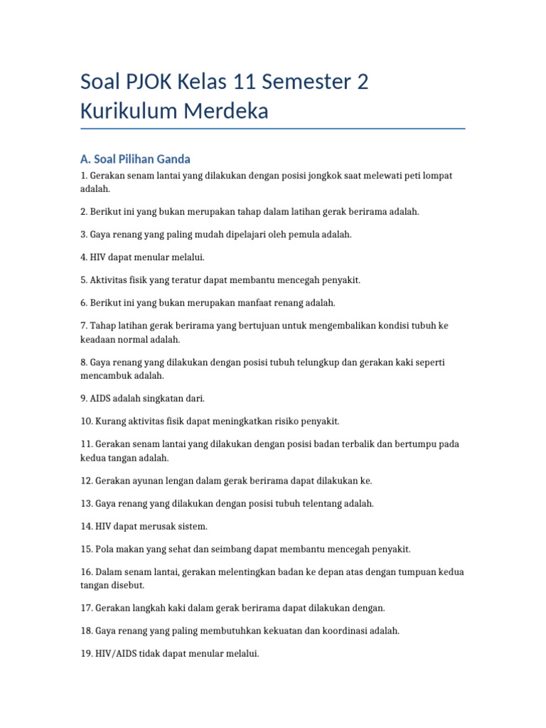 Soal PJOK Kelas 11 Semester 2 Kurikulum Merdeka | PDF