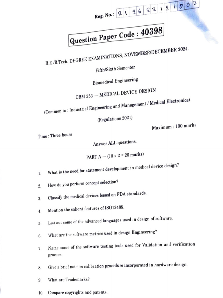 MDD Previous Year Question Paper | PDF | Medical Device | Software