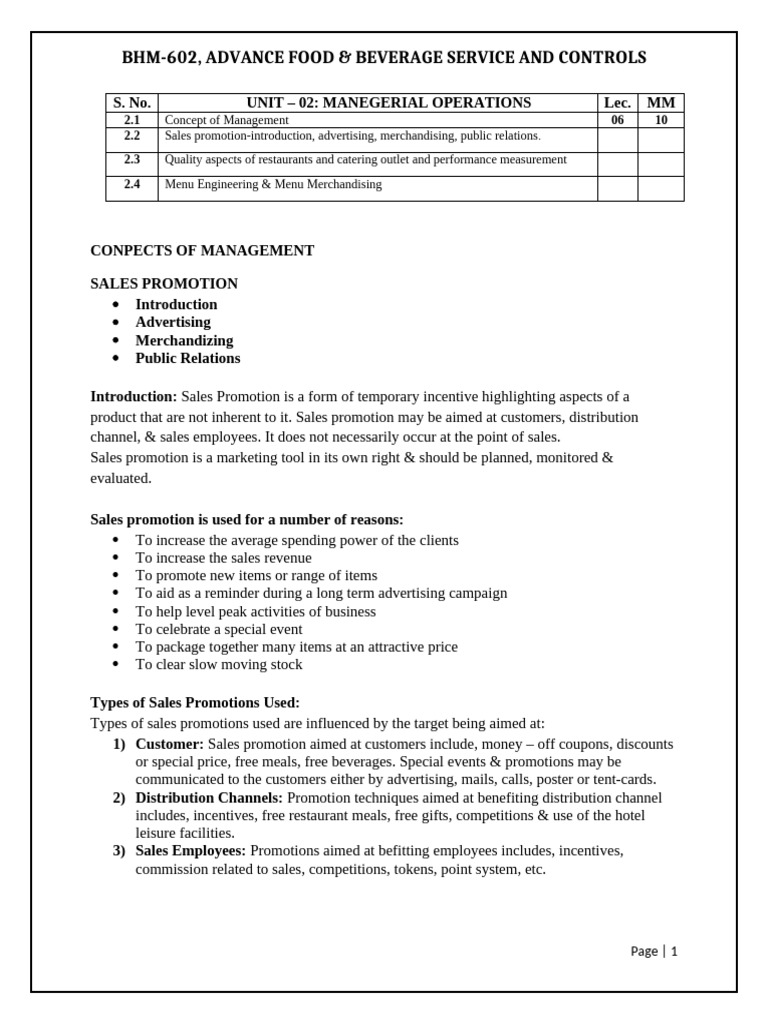 Unit-2 Manegerial Operations | PDF | Menu | Restaurants