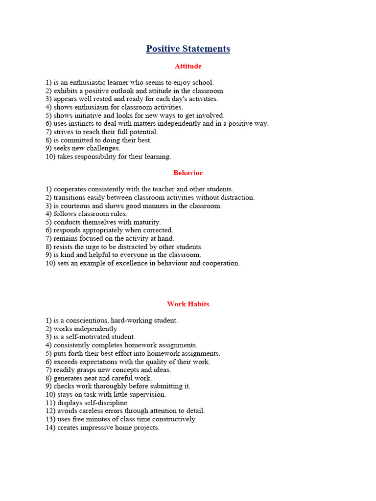 Report Card Statements | PDF | Homework | Classroom