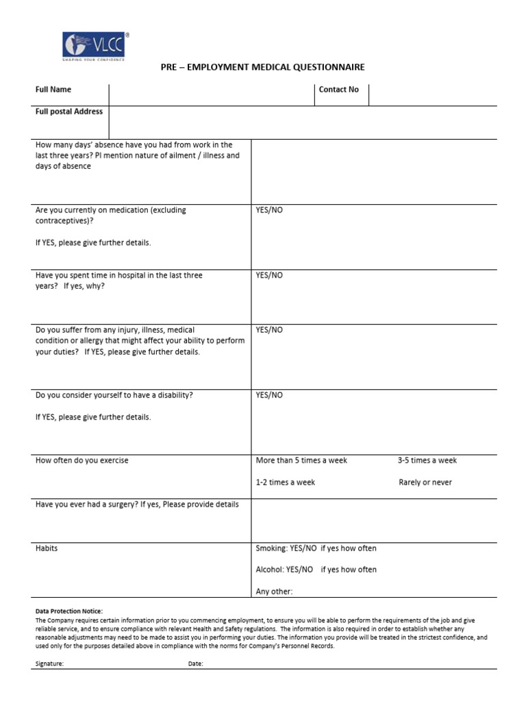 Pre Employment Medical Questionnaire | PDF