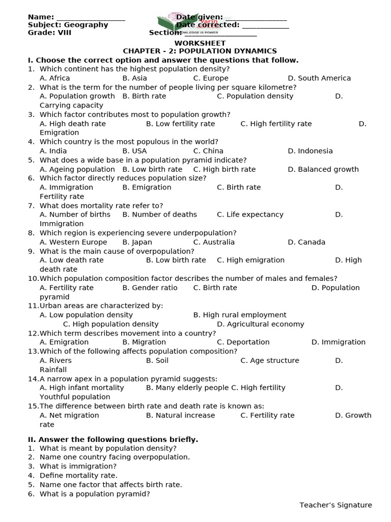 Geography Worksheet: Population Dynamics | PDF | Population Growth ...