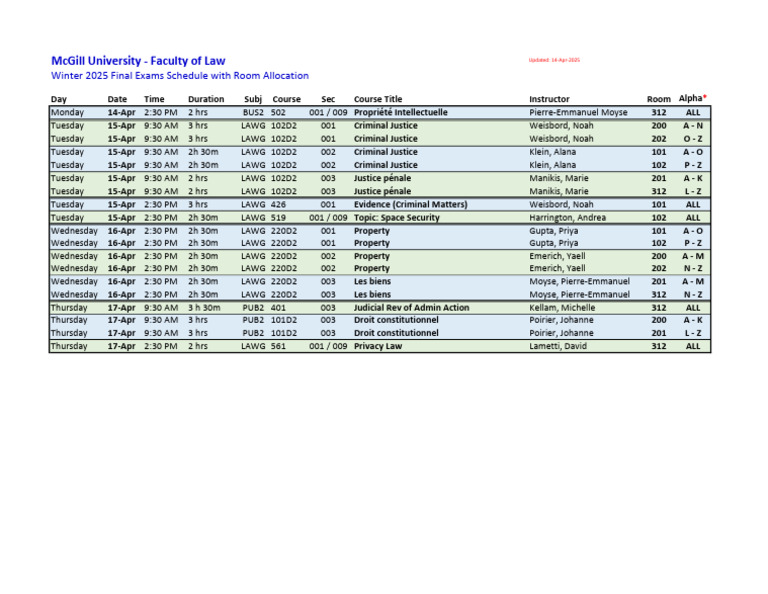 McGill Law Winter 2025 Exam Schedule | PDF