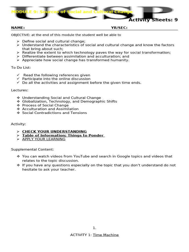 UCSP MODULE 9 Activity Sheets | PDF | Learning | Liberal Arts Education