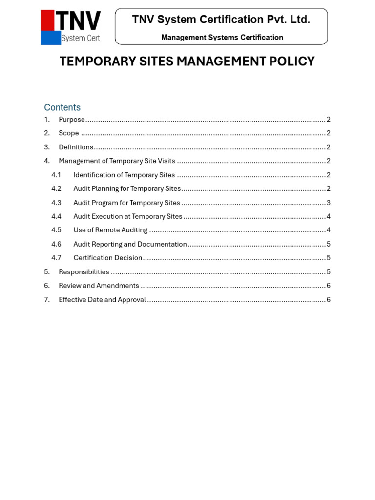 Temporary Site Audit Management Policy | PDF | Audit | Regulatory ...