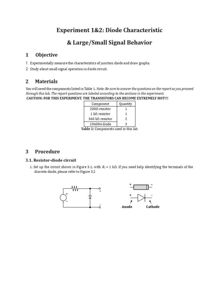 Lab1&2 Diode Characteristics&LargeSmall Signal Behavior | PDF | Electrical Network | Diode