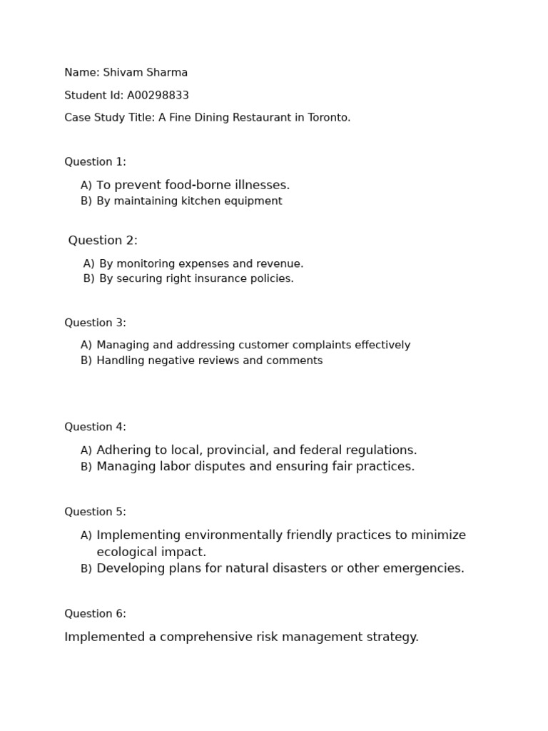 Case Study A Fine Dine Restaurant | PDF