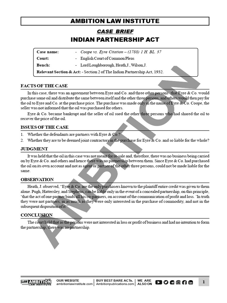 Coope v Eyre Case Summary | PDF | Partnership | Justice