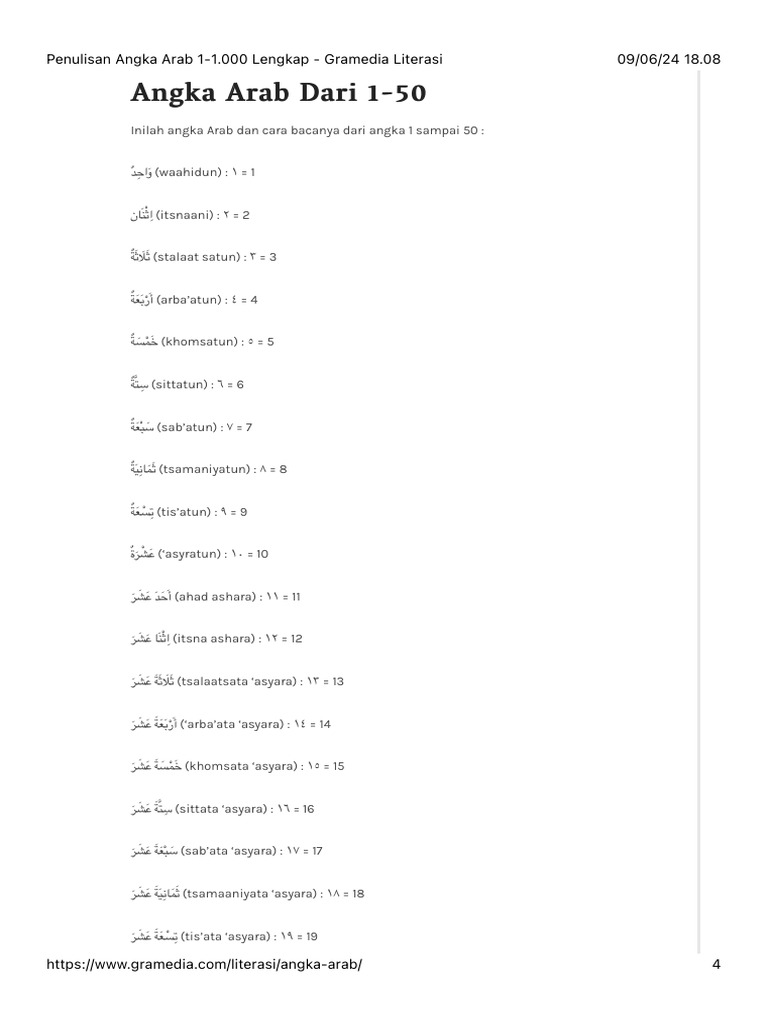 Panduan Angka Arab 1-1000 | PDF