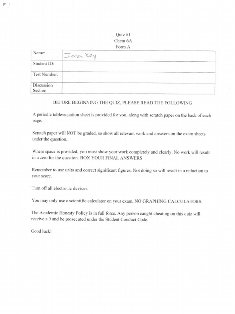 TA Chem 6A Quiz #1 Form A Answer Key | PDF