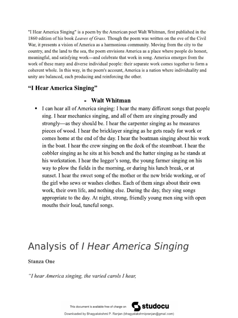 I Hear America Singing Analysis | PDF