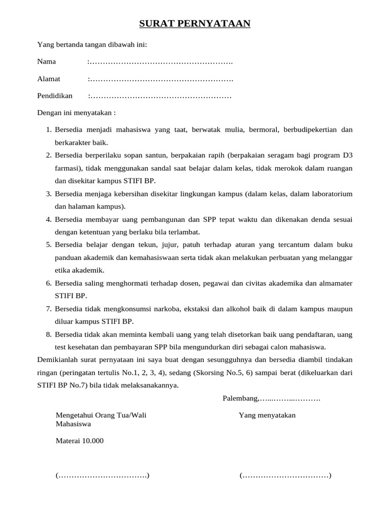 Surat Pernyataan Mahasiswa STIFI BP | PDF