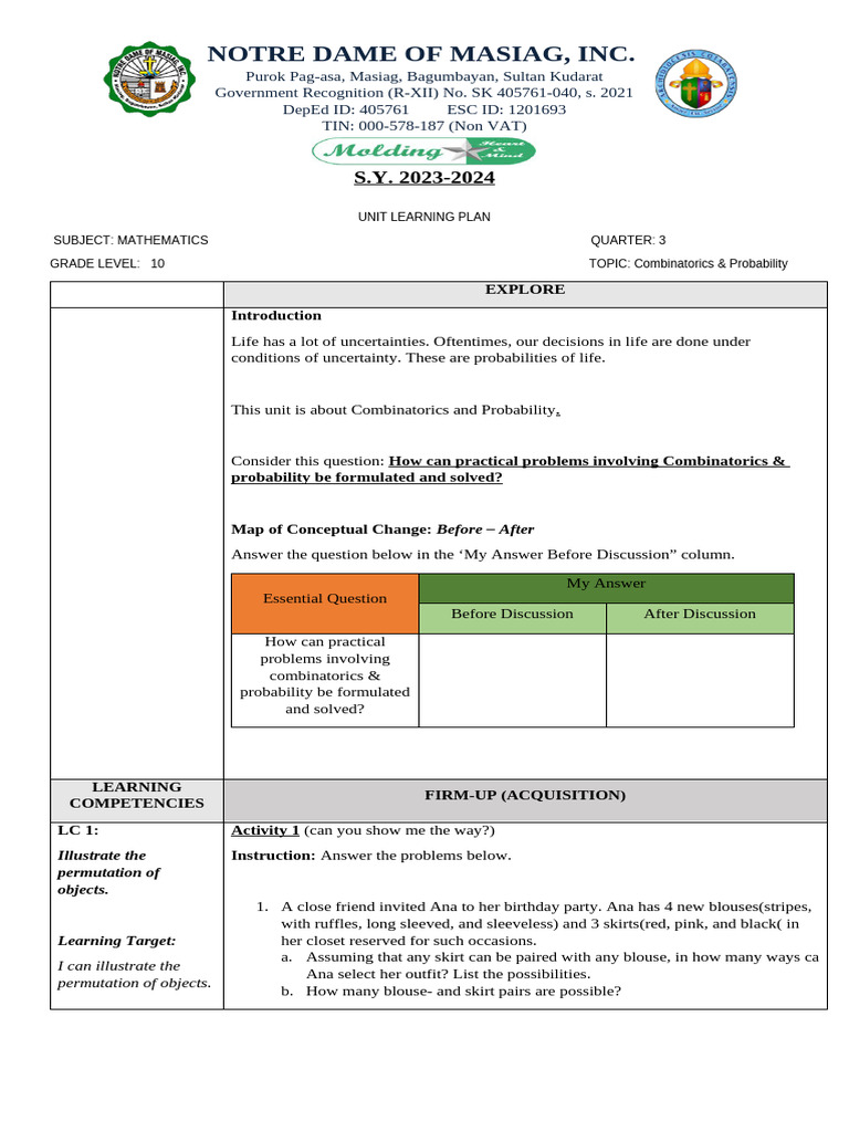 UNIT-LEARNING-PLAN- Math 10- 1ST Quarter | PDF | Permutation | Mathematics