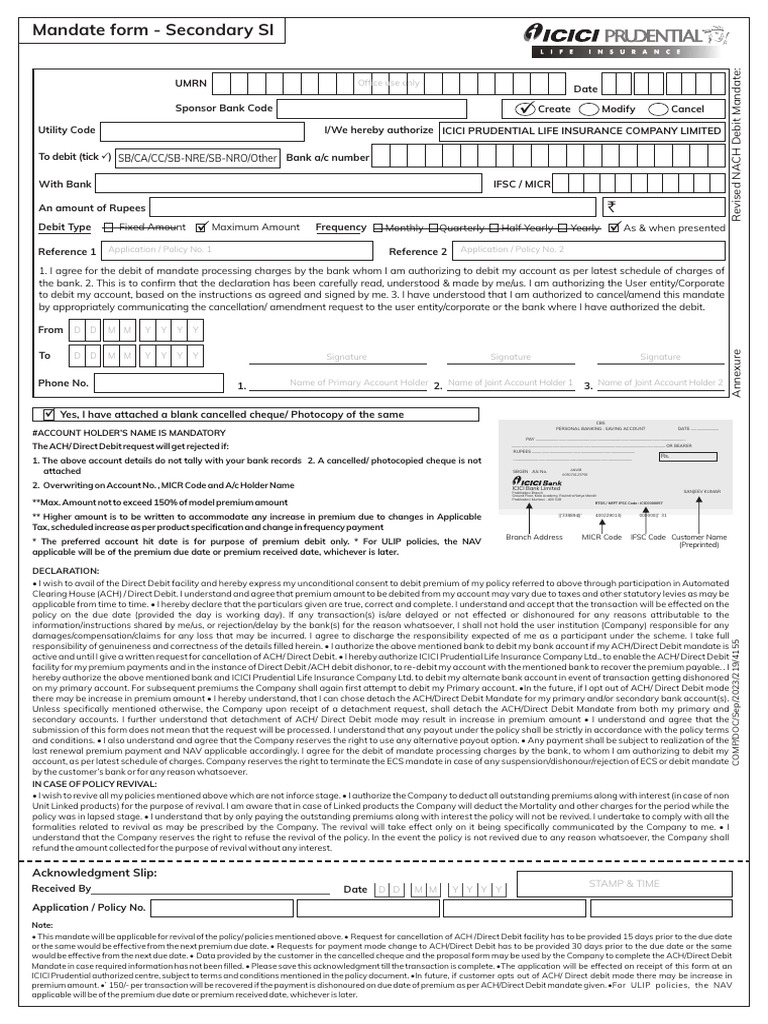 NACH Direct Debit New Mandate Form Blank Secondary SI | PDF | Debit ...