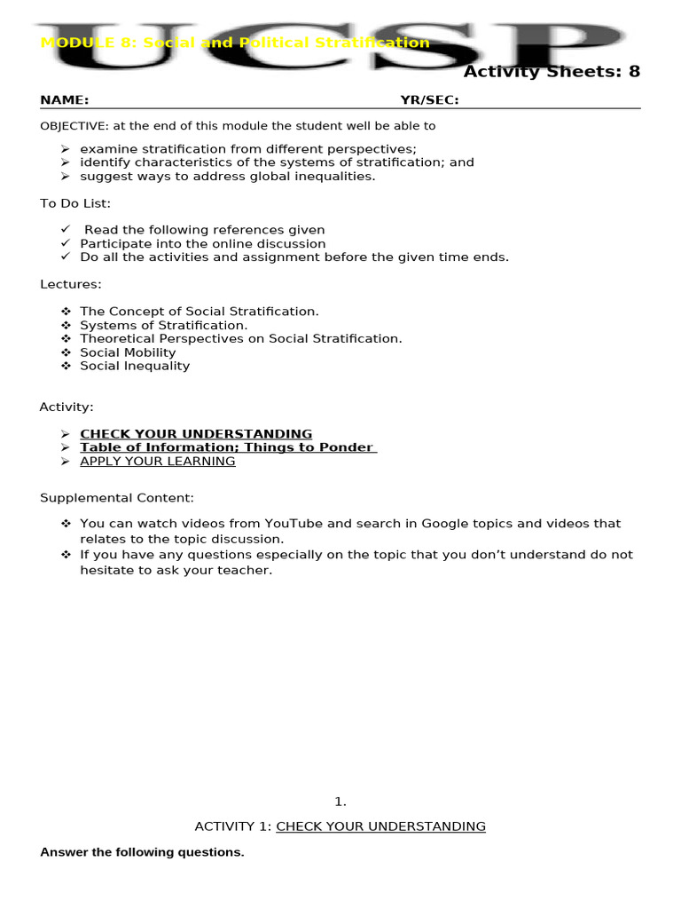 UCSP MODULE 8 - Activity Sheets | PDF | Social Stratification | Social Inequality