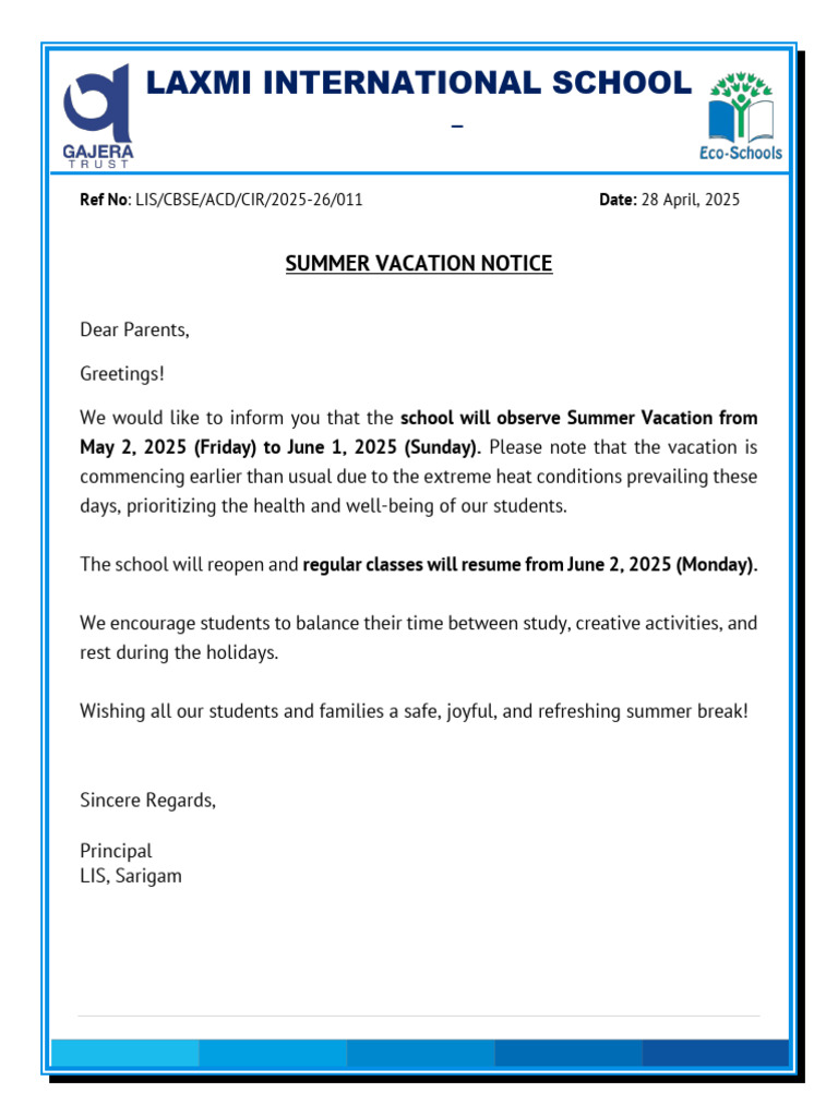 Circular For Summer Vacation 2025-26-1 | PDF