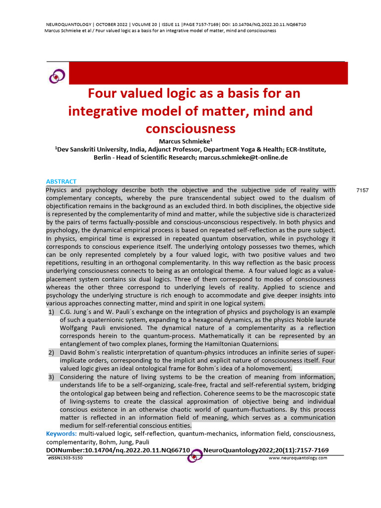 Four Valued Logic As A Basis For An Integrative Model of Matter, Mind and Consciousness | PDF ...