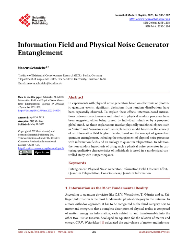 Information Field and Physical Noise Generator Entanglement | PDF | Information | Consciousness