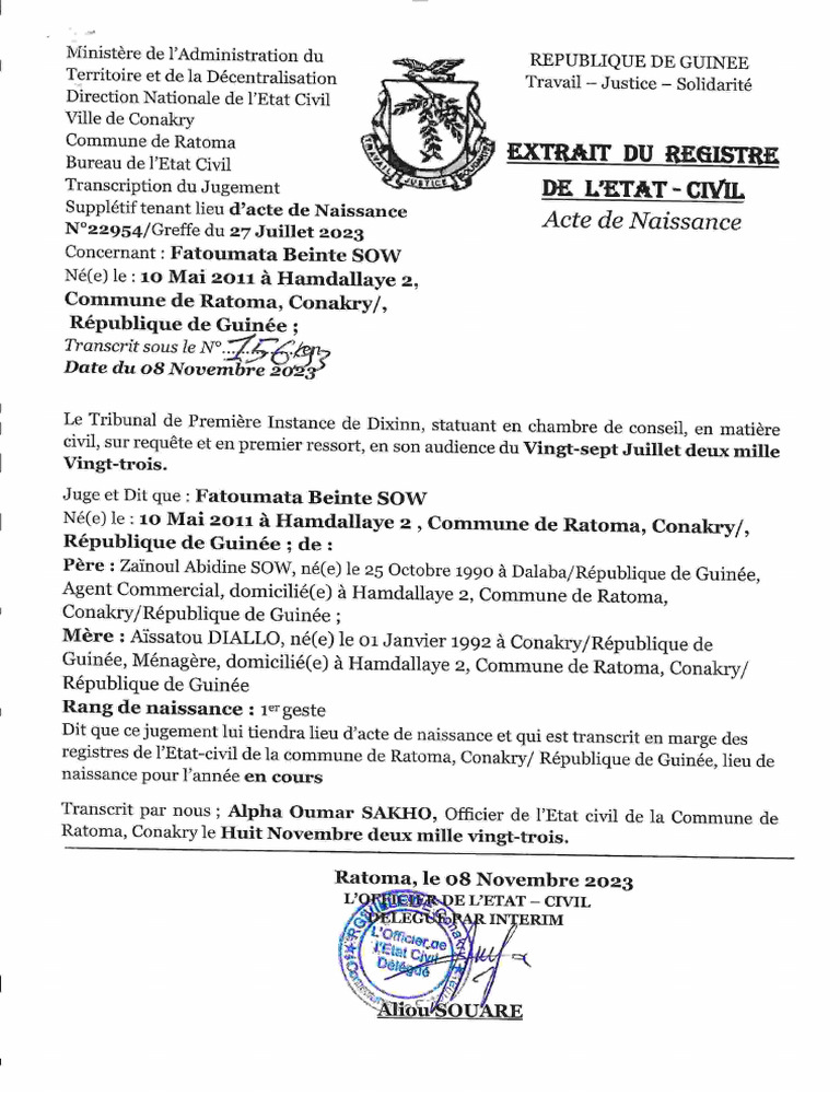 Extrait de Naissance Beinte-1 | PDF