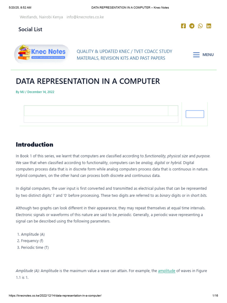 DATA REPRESENTATION IN A COMPUTER – Knec Notes | PDF | Binary Coded ...