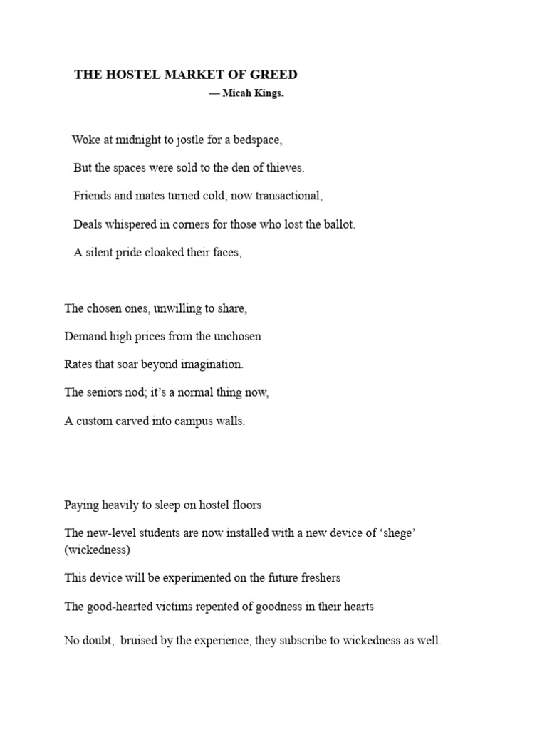 Hostel Life: A Poem of Greed | PDF