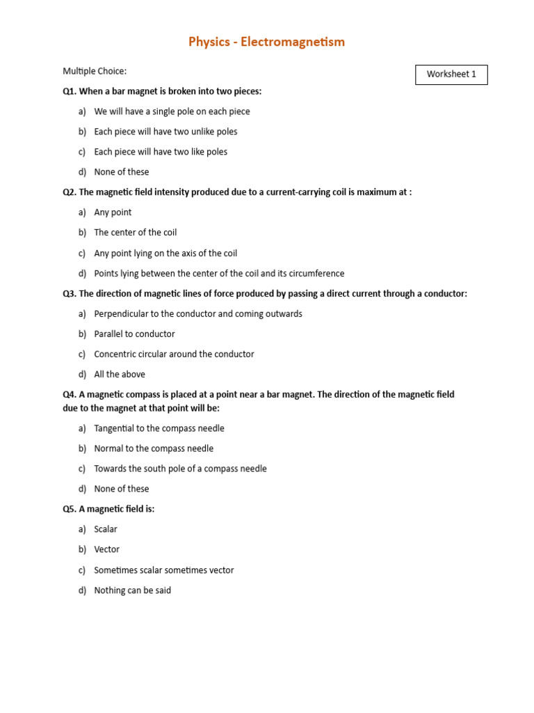 Electromagnetism MCQ Worksheet | PDF | Magnetic Field | Electronvolt