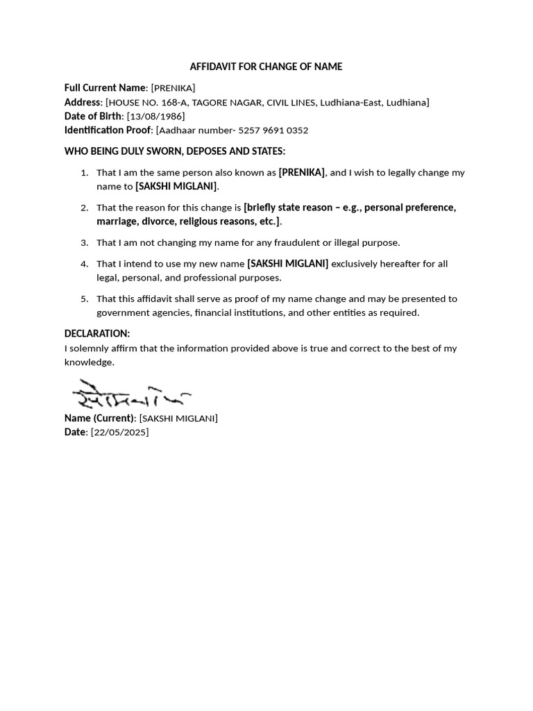 Affidavit For Change of Name | PDF