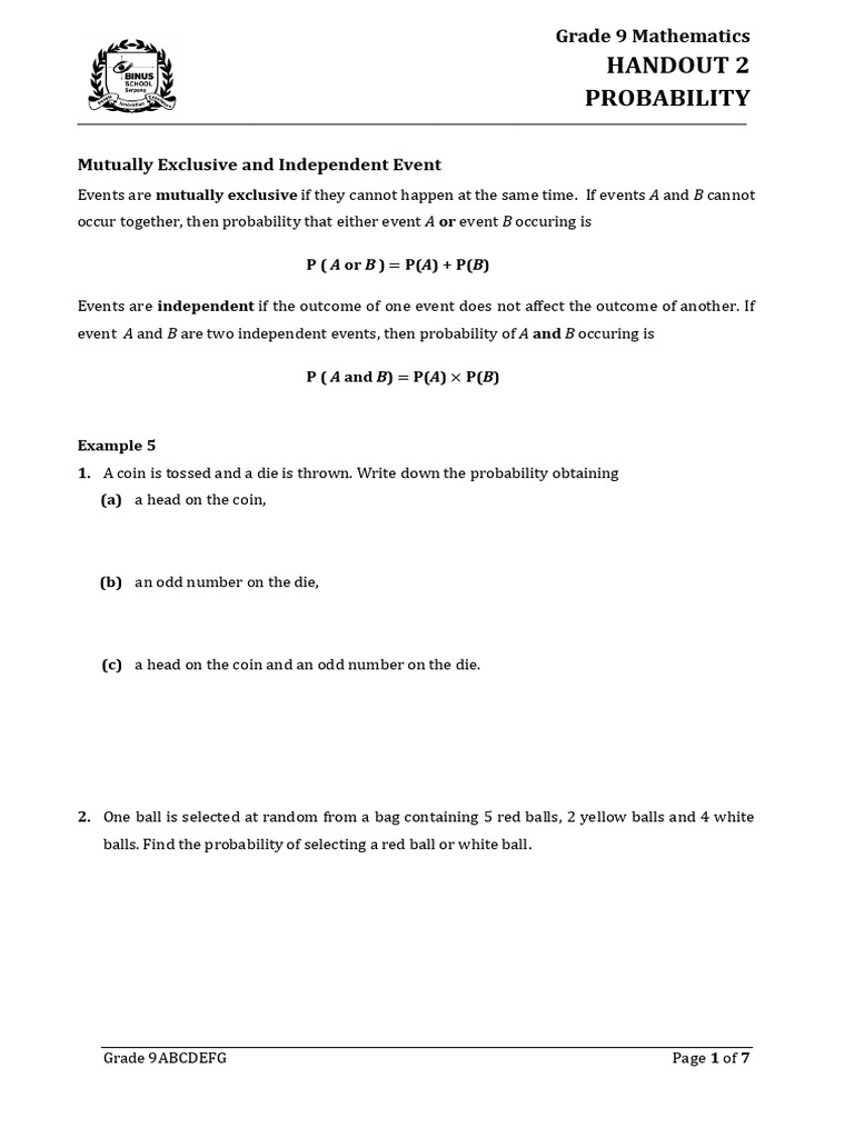 Grade 9 Mathematics - Handout 2 - Probability | PDF | Probability | Measure Theory