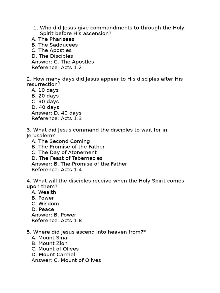 Bible Quiz Act Chapter 1 To 3 | PDF | Acts Of The Apostles | Jesus