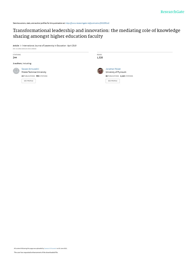 Transformational leadership and innovation_ the mediating role of knowledge sharing amongst ...