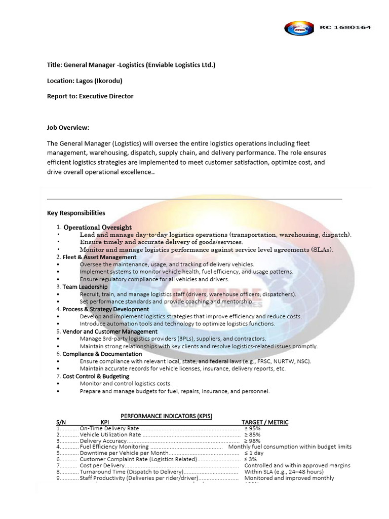 General Manager's JD - Enviable Logistics | PDF | Logistics | Performance Indicator
