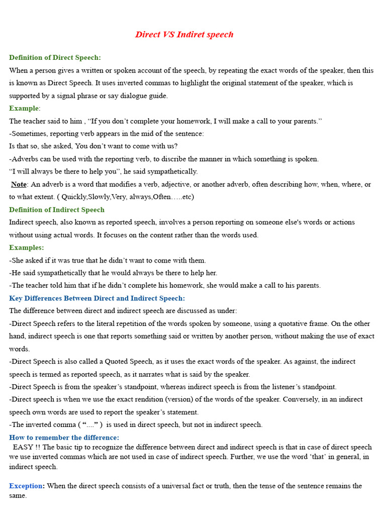 Direct vs Indirect Speech Explained | PDF | Verb | Syntax
