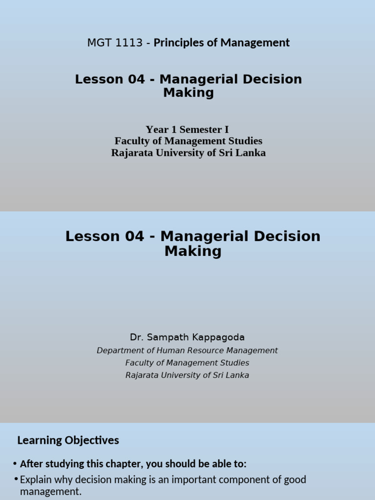 Lesson 04 - Managerial Decision Making | PDF | Decision Making ...