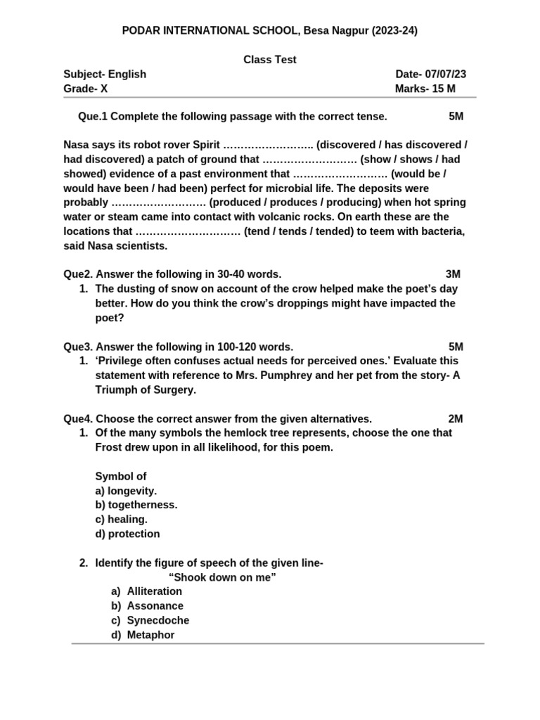 Grade10 - Class Test Paper - Eng | PDF