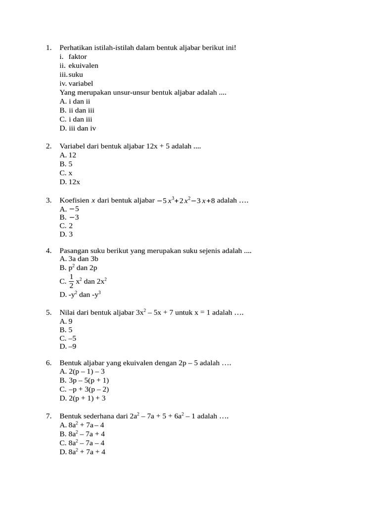 Soal Psat MTK Kelas 7 (A - I) 2024-2025 Fix | PDF