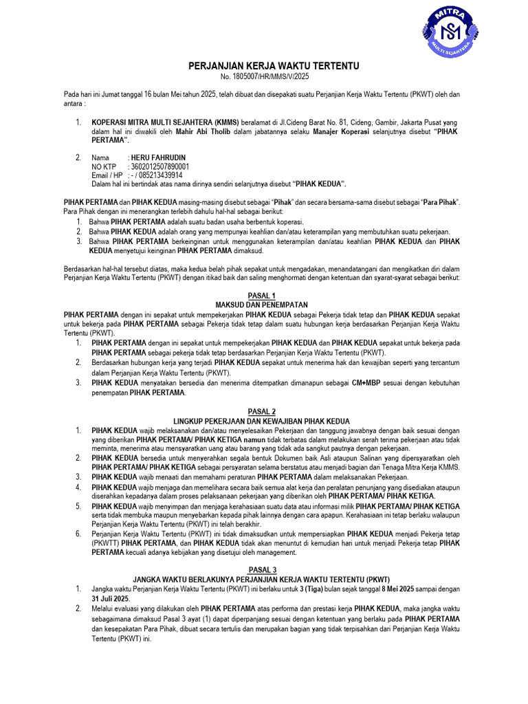 PKWT HERU FAHRUDIN Mei - Juli 2025 | PDF
